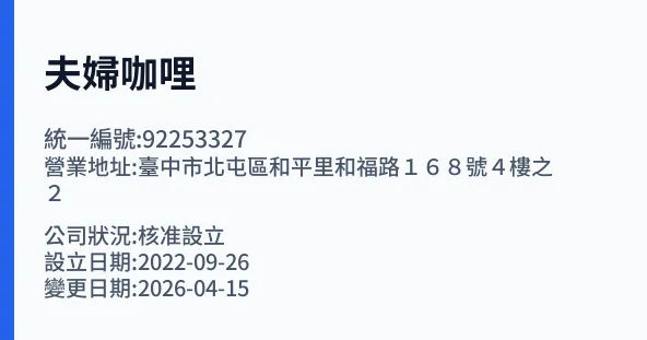 夫婦咖哩的照片-統編 92253327(臺中市) 公司登記資料與營業項目詳細圖表