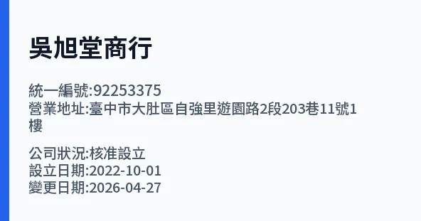 吳旭堂商行的照片-統編 92253375(臺中市) 公司登記資料與營業項目詳細圖表