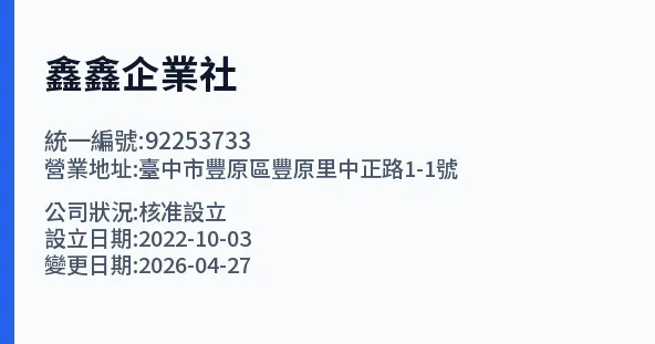 鑫鑫企業社的照片-統編 92253733(臺中市) 公司登記資料與營業項目詳細圖表