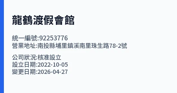 龍鶴渡假會館的照片-統編 92253776(南投縣) 公司登記資料與營業項目詳細圖表