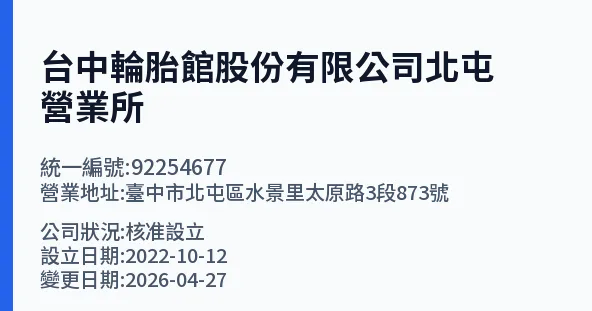 台中輪胎館股份有限公司北屯營業所的照片-統編 92254677(臺中市) 公司登記資料與營業項目詳細圖表
