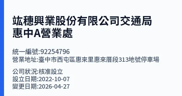 竑穗興業股份有限公司交通局惠中A營業處的照片-統編 92254796(臺中市) 公司登記資料與營業項目詳細圖表