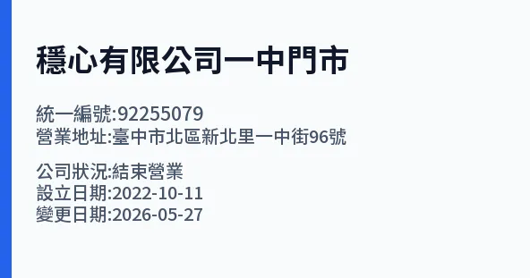穩心有限公司一中門市的照片-統編 92255079(臺中市) 公司登記資料與營業項目詳細圖表
