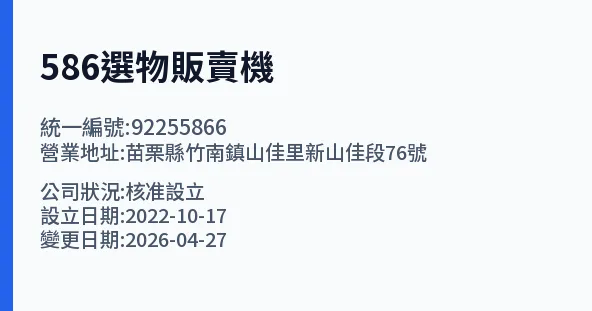586選物販賣機的照片-統編 92255866(苗栗縣) 公司登記資料與營業項目詳細圖表