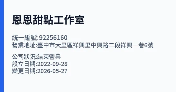 恩恩甜點工作室的照片-統編 92256160(臺中市) 公司登記資料與營業項目詳細圖表