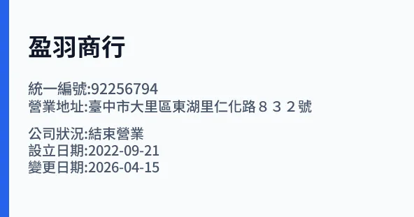 盈羽商行的照片-統編 92256794(臺中市) 公司登記資料與營業項目詳細圖表