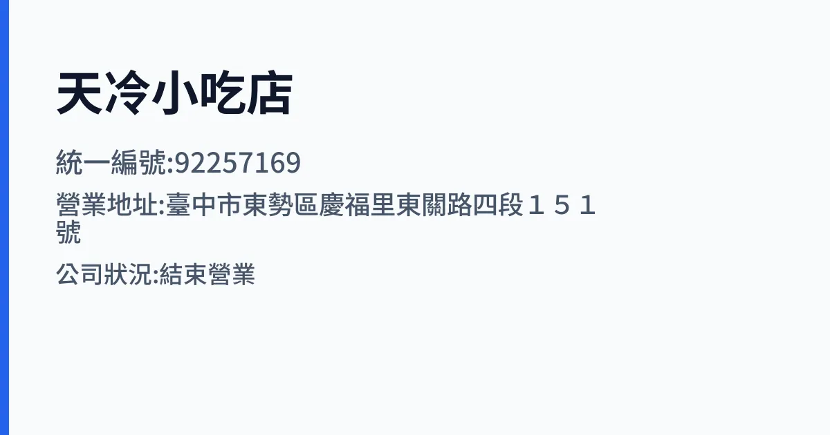天冷小吃店 - 統編 92257169(臺中市) 公司登記資料與營業項目詳細圖表