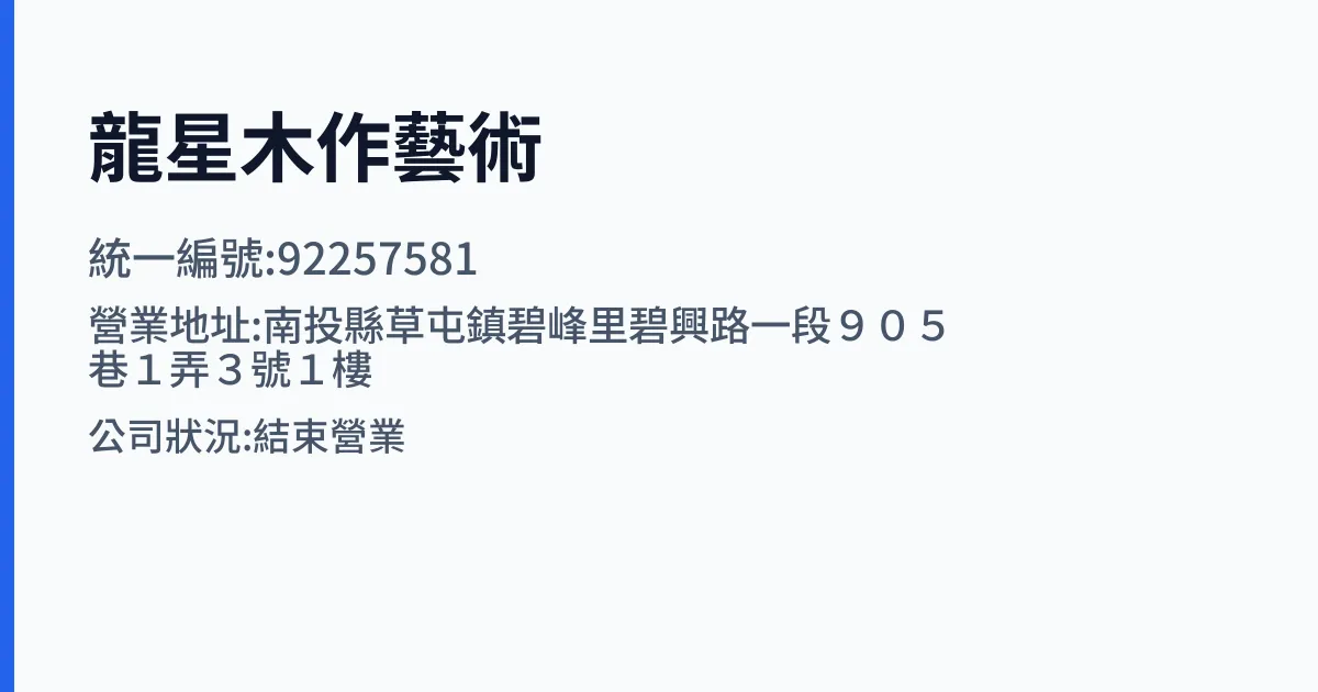 龍星木作藝術 - 統編 92257581(南投縣) 公司登記資料與營業項目詳細圖表