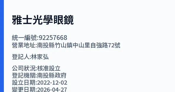 雅士光學眼鏡的照片-統編 92257668(南投縣) 公司登記資料與營業項目詳細圖表