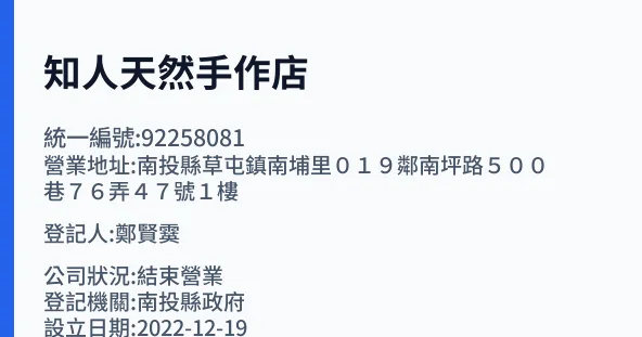 知人天然手作店的照片-統編 92258081(南投縣) 公司登記資料與營業項目詳細圖表