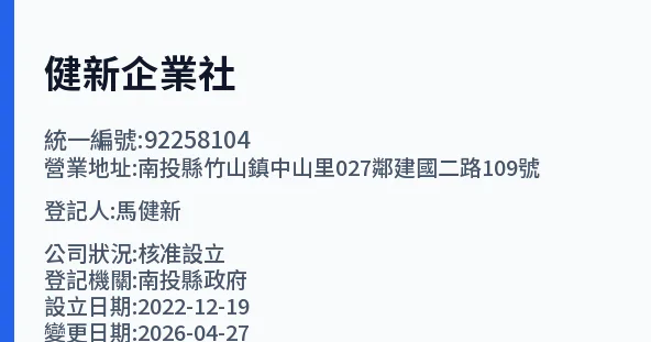 健新企業社的照片-統編 92258104(南投縣) 公司登記資料與營業項目詳細圖表