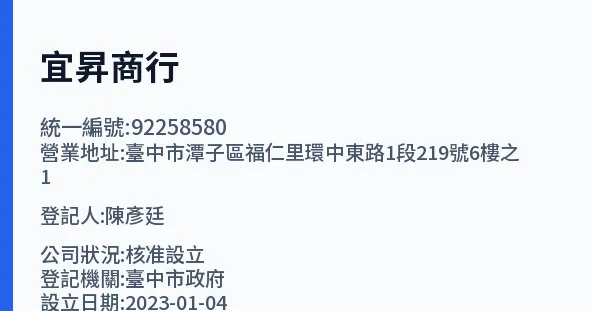 宜昇商行的照片-統編 92258580(臺中市) 公司登記資料與營業項目詳細圖表