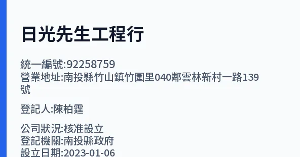日光先生工程行的照片-統編 92258759(南投縣) 公司登記資料與營業項目詳細圖表