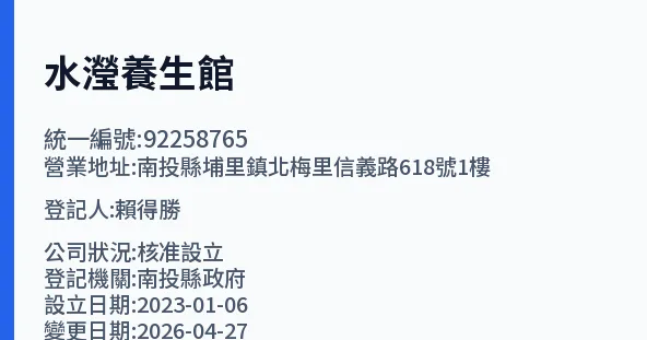 水瀅養生館的照片-統編 92258765(南投縣) 公司登記資料與營業項目詳細圖表