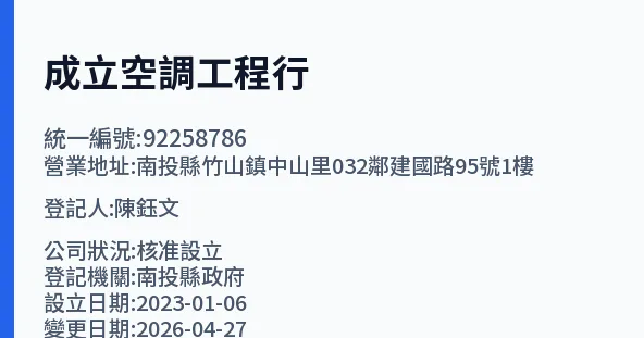 成立空調工程行的照片-統編 92258786(南投縣) 公司登記資料與營業項目詳細圖表