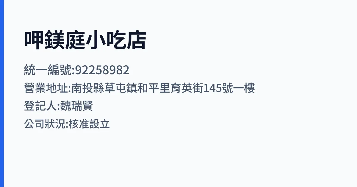 呷鎂庭小吃店 - 統編 92258982(南投縣) 公司登記資料與營業項目詳細圖表