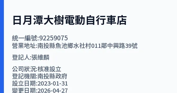 日月潭大樹電動自行車店的照片-統編 92259075(南投縣) 公司登記資料與營業項目詳細圖表