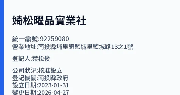 婍松曜品實業社的照片-統編 92259080(南投縣) 公司登記資料與營業項目詳細圖表
