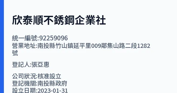 欣泰順不銹鋼企業社的照片-統編 92259096(南投縣) 公司登記資料與營業項目詳細圖表