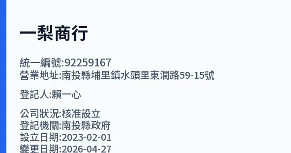 一梨商行的照片-統編 92259167(南投縣) 公司登記資料與營業項目詳細圖表