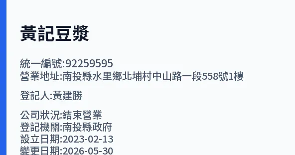 黃記豆漿的照片-統編 92259595(南投縣) 公司登記資料與營業項目詳細圖表