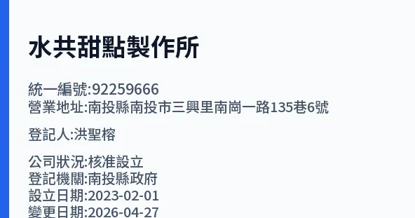 水共甜點製作所的照片-統編 92259666(南投縣) 公司登記資料與營業項目詳細圖表