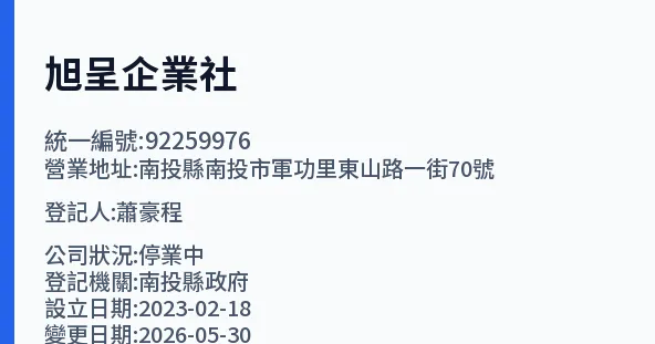 旭呈企業社的照片-統編 92259976(南投縣) 公司登記資料與營業項目詳細圖表