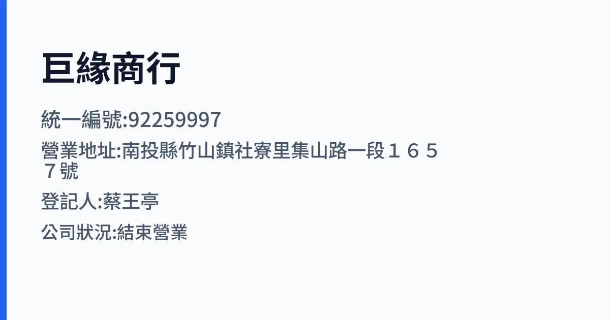 巨緣商行 - 統編 92259997(南投縣) 公司登記資料與營業項目詳細圖表