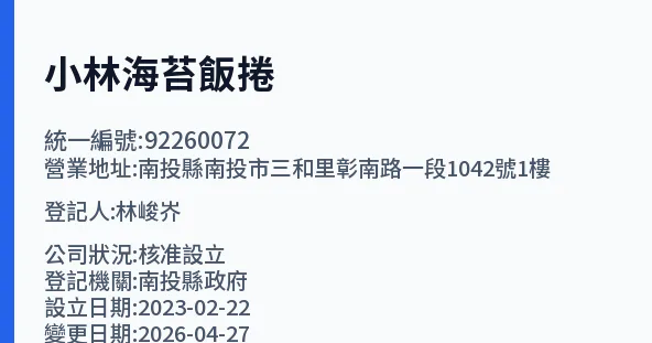 小林海苔飯捲的照片-統編 92260072(南投縣) 公司登記資料與營業項目詳細圖表