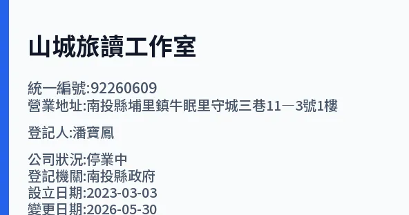 山城旅讀工作室的照片-統編 92260609(南投縣) 公司登記資料與營業項目詳細圖表