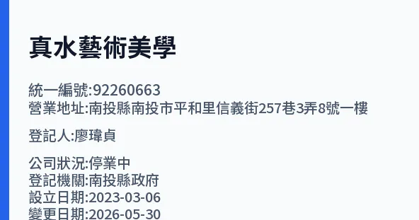真水藝術美學的照片-統編 92260663(南投縣) 公司登記資料與營業項目詳細圖表