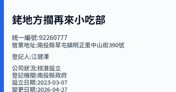 銠地方擱再來小吃部的照片-統編 92260777(南投縣) 公司登記資料與營業項目詳細圖表