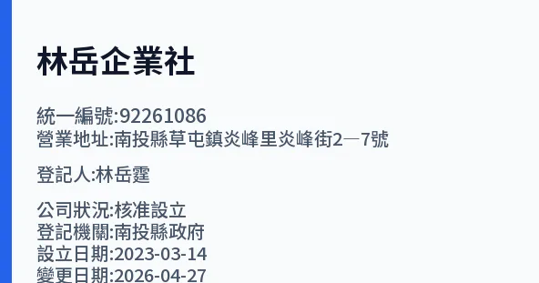 林岳企業社的照片-統編 92261086(南投縣) 公司登記資料與營業項目詳細圖表