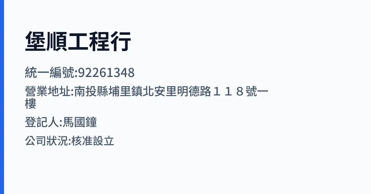 堡順工程行 - 統編 92261348(南投縣) 公司登記資料與營業項目詳細圖表