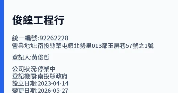 俊鍠工程行的照片-統編 92262228(南投縣) 公司登記資料與營業項目詳細圖表
