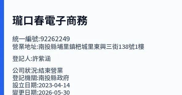 瓏口春電子商務的照片-統編 92262249(南投縣) 公司登記資料與營業項目詳細圖表