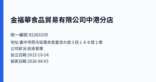 金福華食品貿易有限公司中港分店的照片-統編 92263205(臺中市) 公司登記資料與營業項目詳細圖表