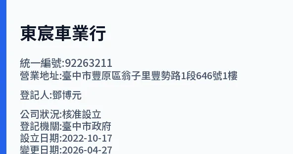 東宸車業行的照片-統編 92263211(臺中市) 公司登記資料與營業項目詳細圖表