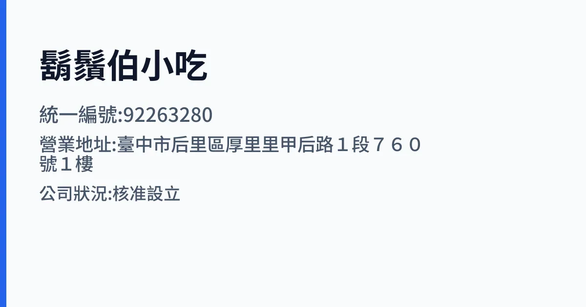 鬍鬚伯小吃 - 統編 92263280(臺中市) 公司登記資料與營業項目詳細圖表