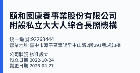頤和園康養事業股份有限公司附設私立大大人綜合長照機構的照片-統編 92263444(臺中市) 公司登記資料與營業項目詳細圖表