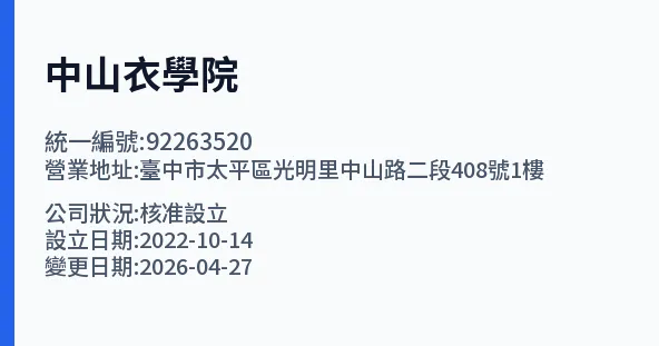中山衣學院的照片-統編 92263520(臺中市) 公司登記資料與營業項目詳細圖表
