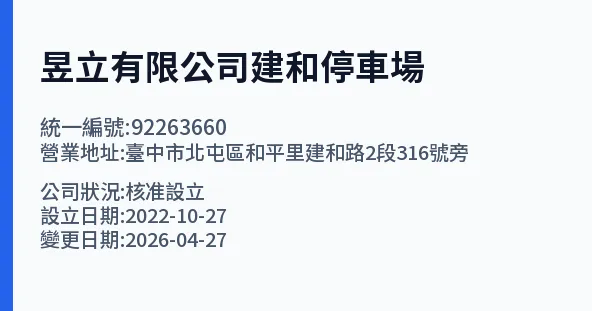 昱立有限公司建和停車場的照片-統編 92263660(臺中市) 公司登記資料與營業項目詳細圖表