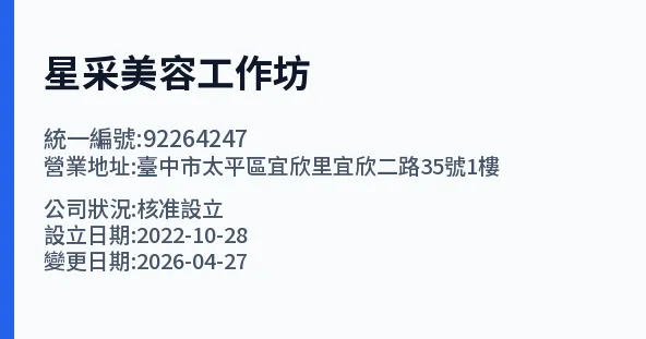 星采美容工作坊的照片-統編 92264247(臺中市) 公司登記資料與營業項目詳細圖表