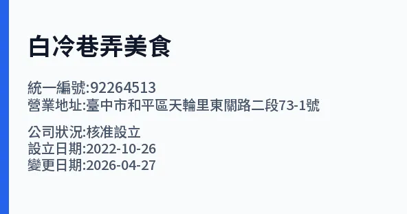 白冷巷弄美食的照片-統編 92264513(臺中市) 公司登記資料與營業項目詳細圖表