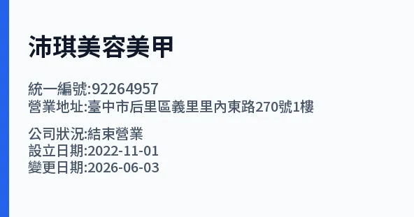 沛琪美容美甲的照片-統編 92264957(臺中市) 公司登記資料與營業項目詳細圖表