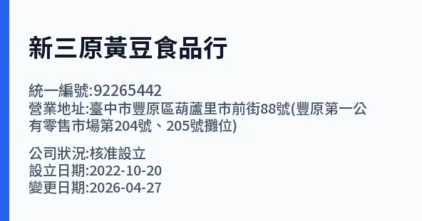 新三原黃豆食品行的照片-統編 92265442(臺中市) 公司登記資料與營業項目詳細圖表