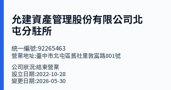 允建資產管理股份有限公司北屯分駐所的照片-統編 92265463(臺中市) 公司登記資料與營業項目詳細圖表