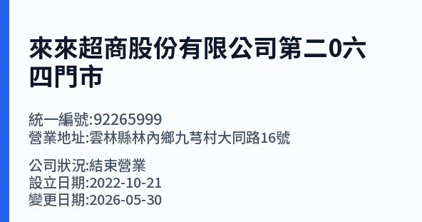 來來超商股份有限公司第二0六四門市的照片-統編 92265999(雲林縣) 公司登記資料與營業項目詳細圖表