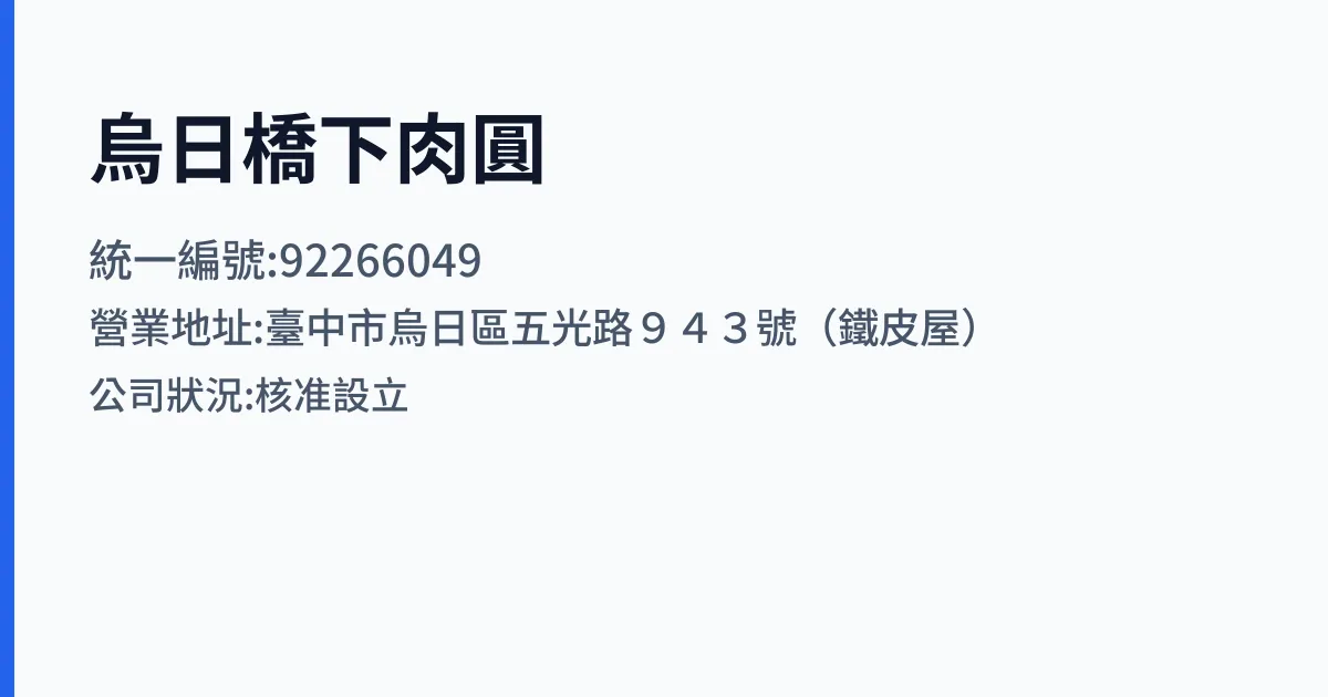 烏日橋下肉圓 - 統編 92266049(臺中市) 公司登記資料與營業項目詳細圖表