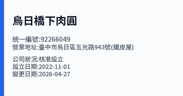 烏日橋下肉圓的照片-統編 92266049(臺中市) 公司登記資料與營業項目詳細圖表